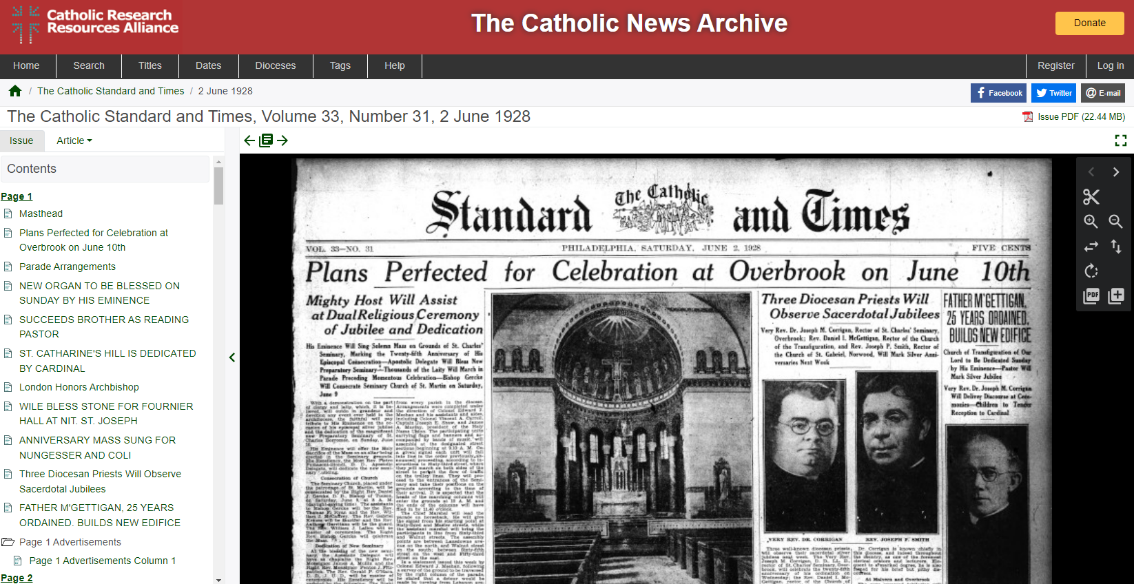 Catholic News Archive Adds 14 More Years of the Catholic Standard ...